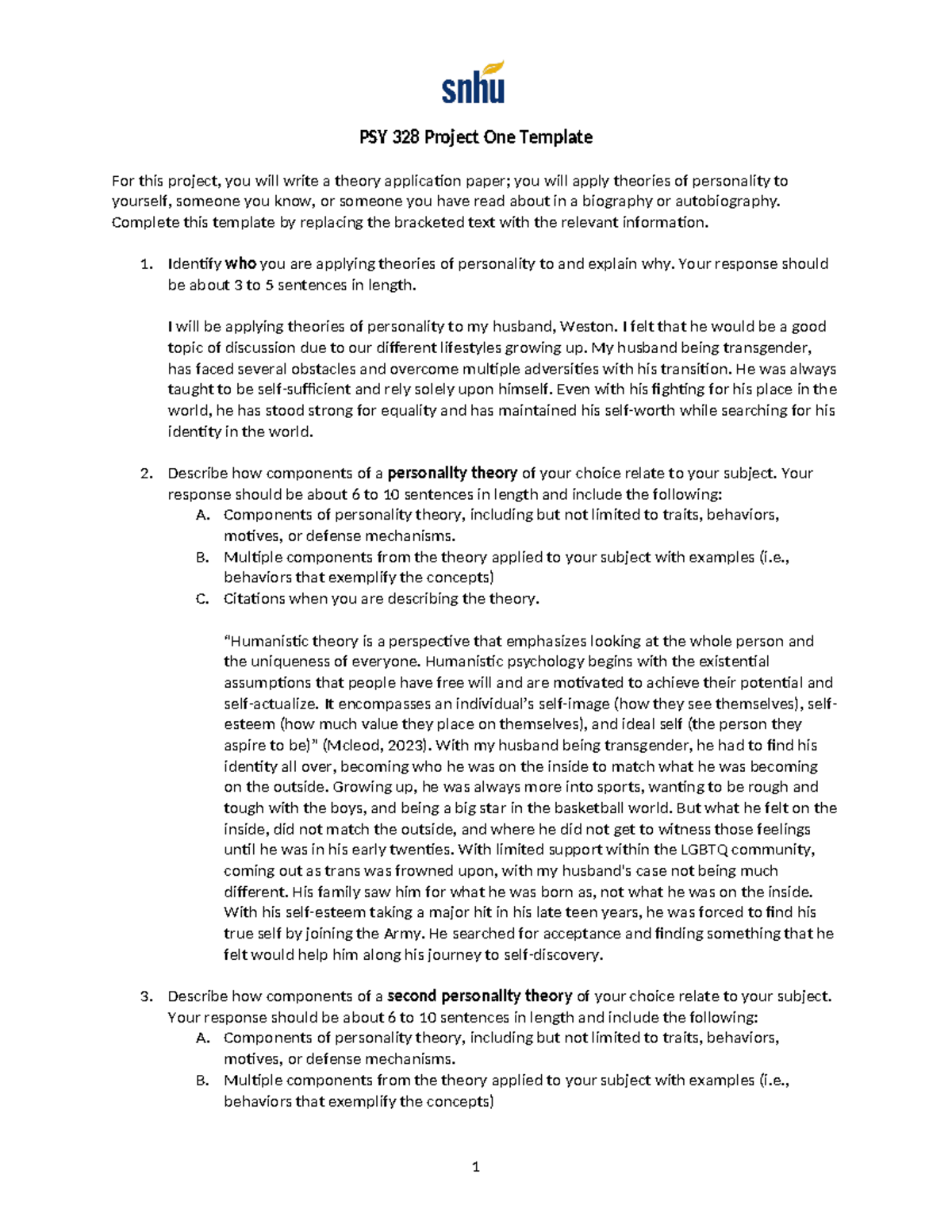 PSY 328 Theory Application Paper: Personality Analysis of Weston - Studocu