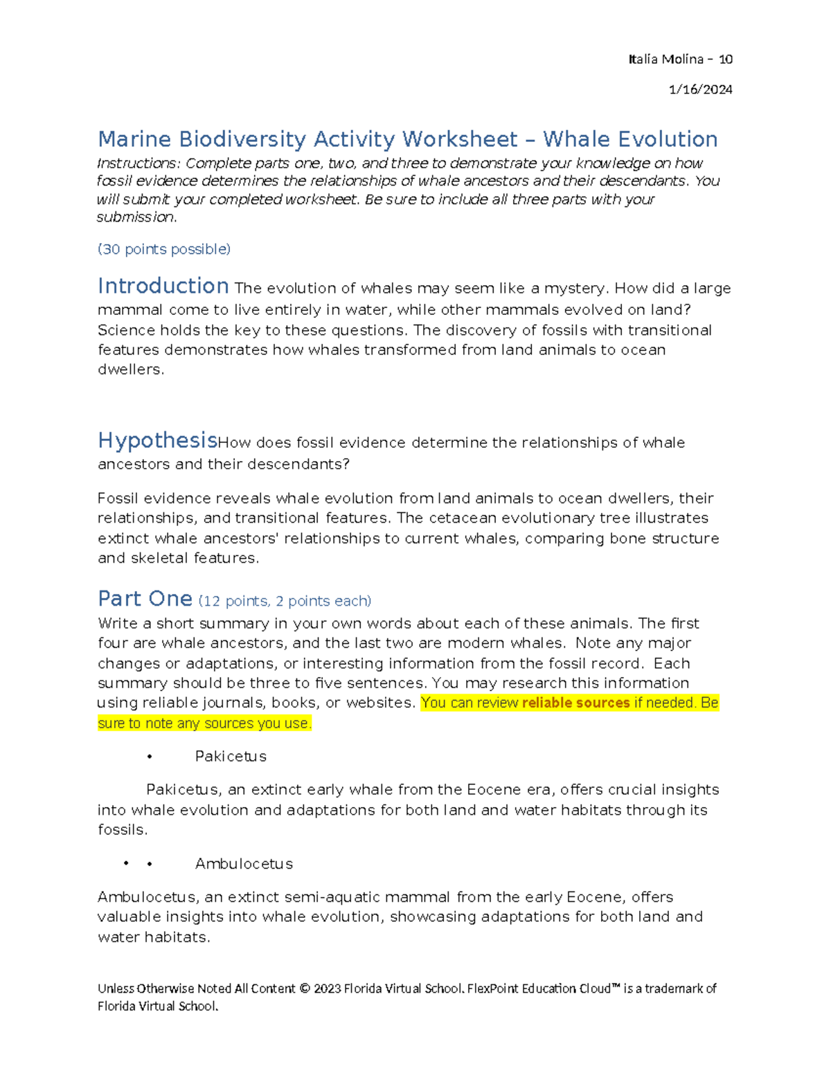 Marine Biodiversity Activity Worksheet: Whale Evolution Insights - Studocu