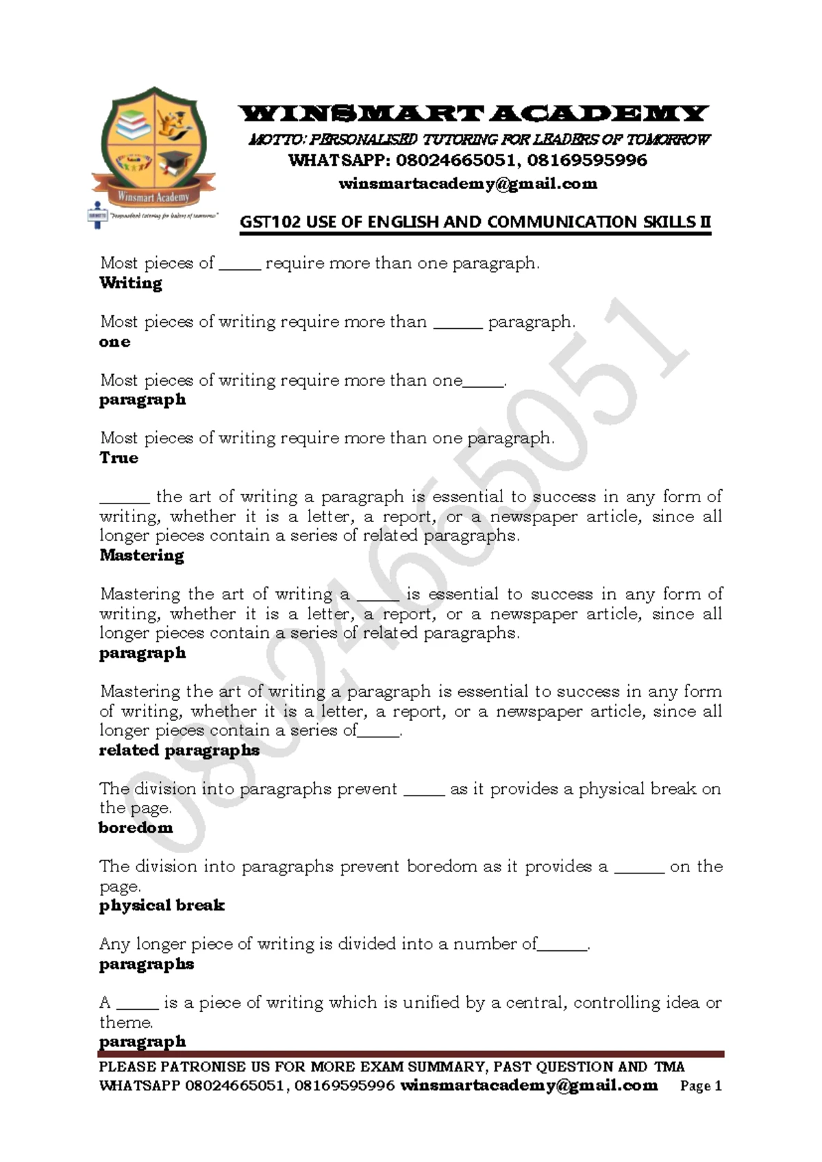 GST102 past questions - (GST102 - Use Of English Of Communication skill ...
