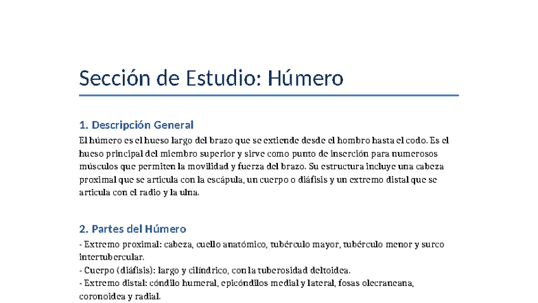 Estudio Detallado del Húmero: Anatomía y Funciones - Studocu
