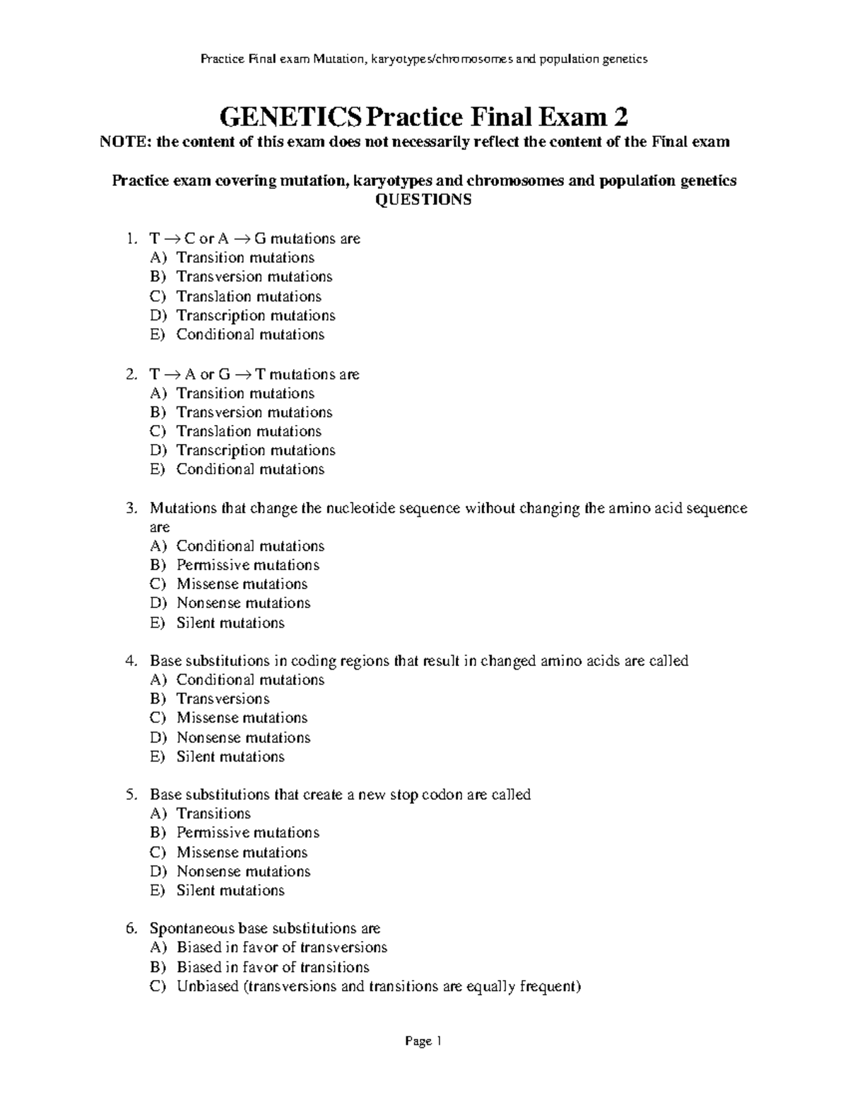 GENETICS Practice Final Exam 2: Mutation and Population Genetics ...