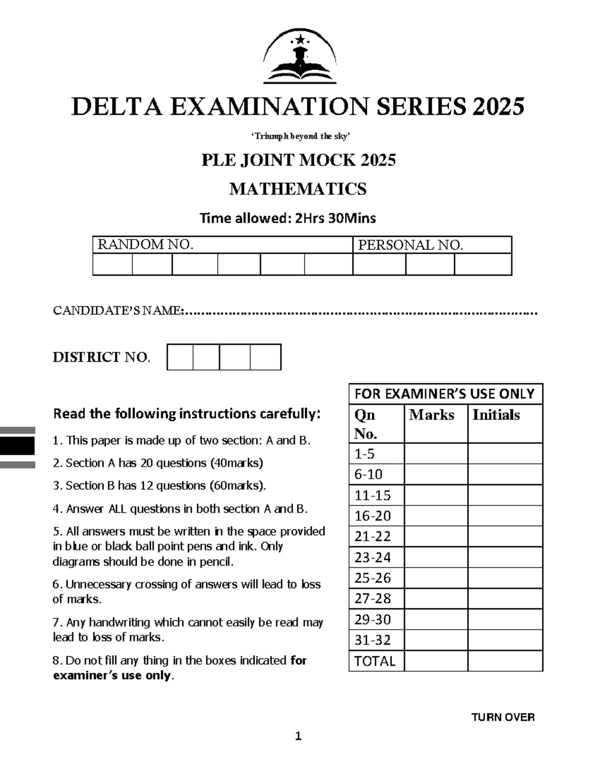 PLE Joint Mock 2025 Mathematics Examination Instructions and Questions ...
