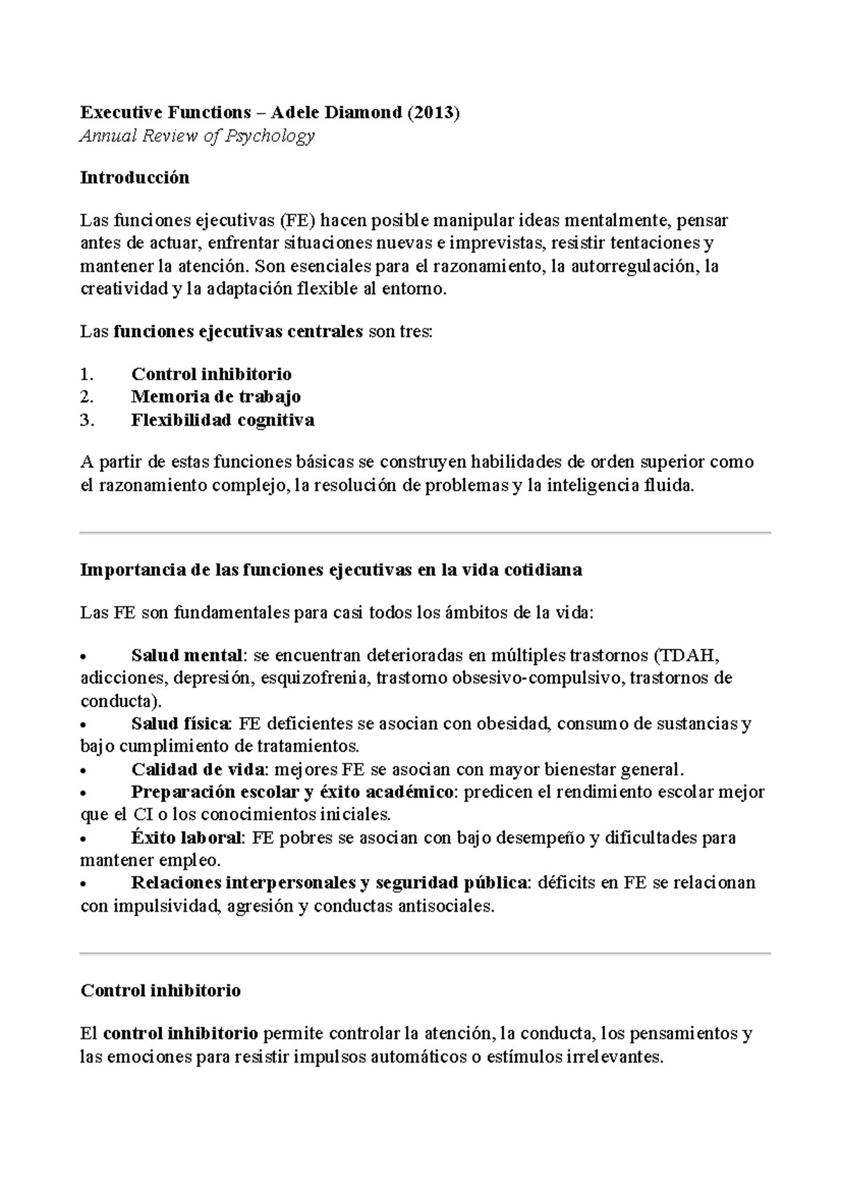 Resumen Funciones Ejecutivas - Adele Diamond (2013) - Studocu