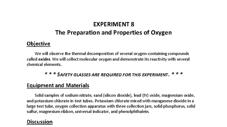Experiment 8: Properties of Oxygen and Its Reactions (Chem 101) - Studocu