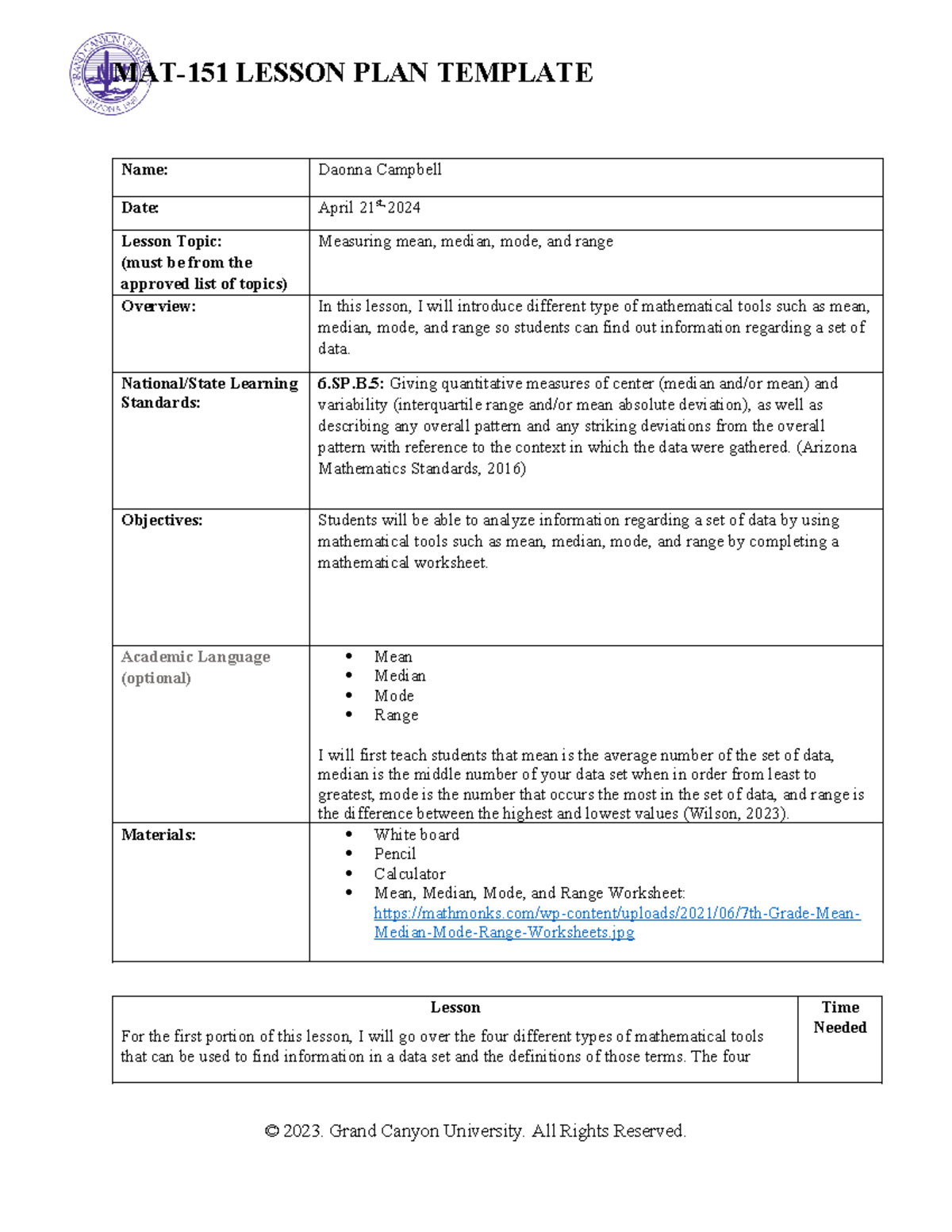 MAT-151 Lesson Plan: Mean, Median, Mode, and Range Concepts - Studocu