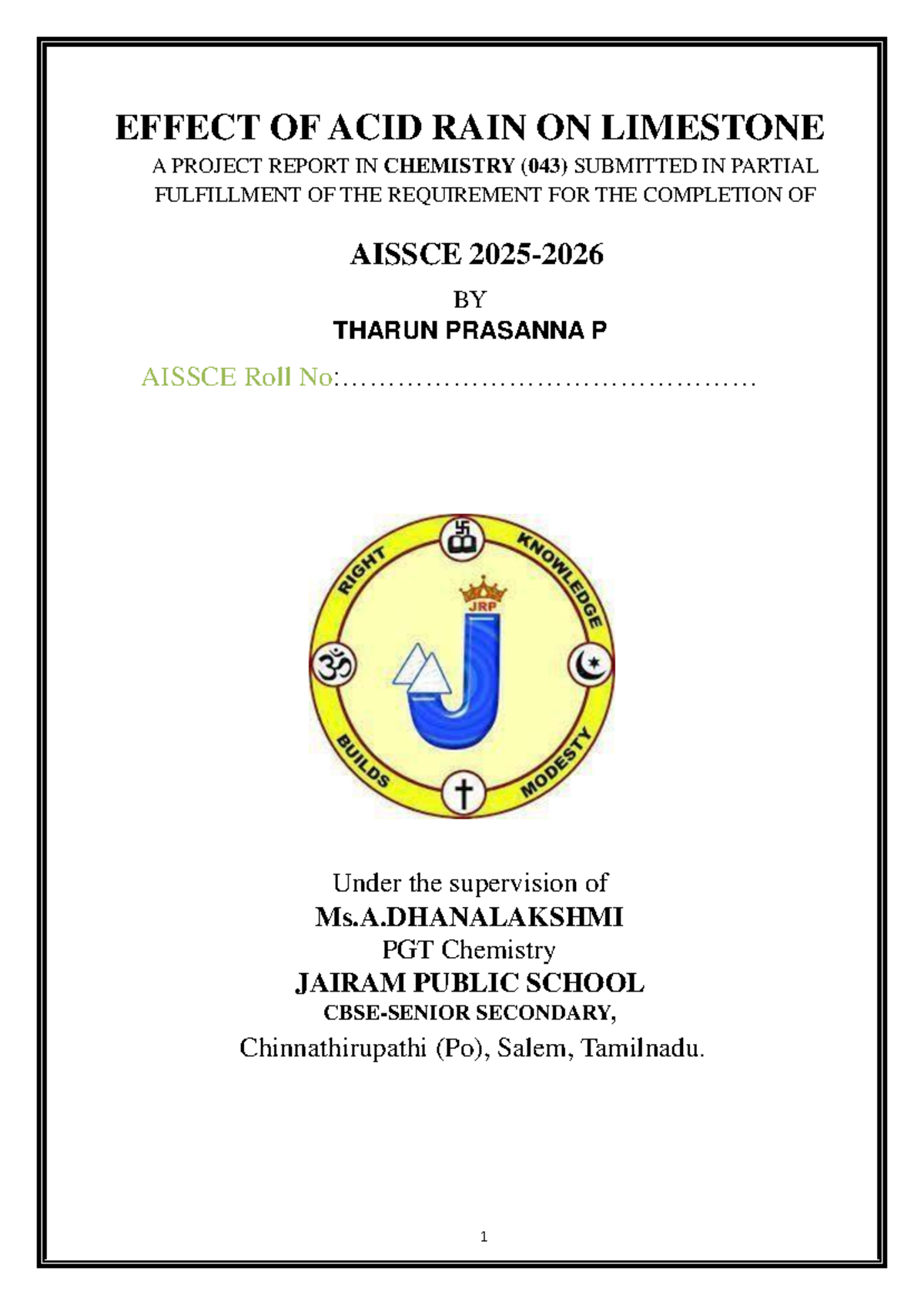 Effect of Acid Rain on Limestone: A Project Report in Chemistry (043 ...