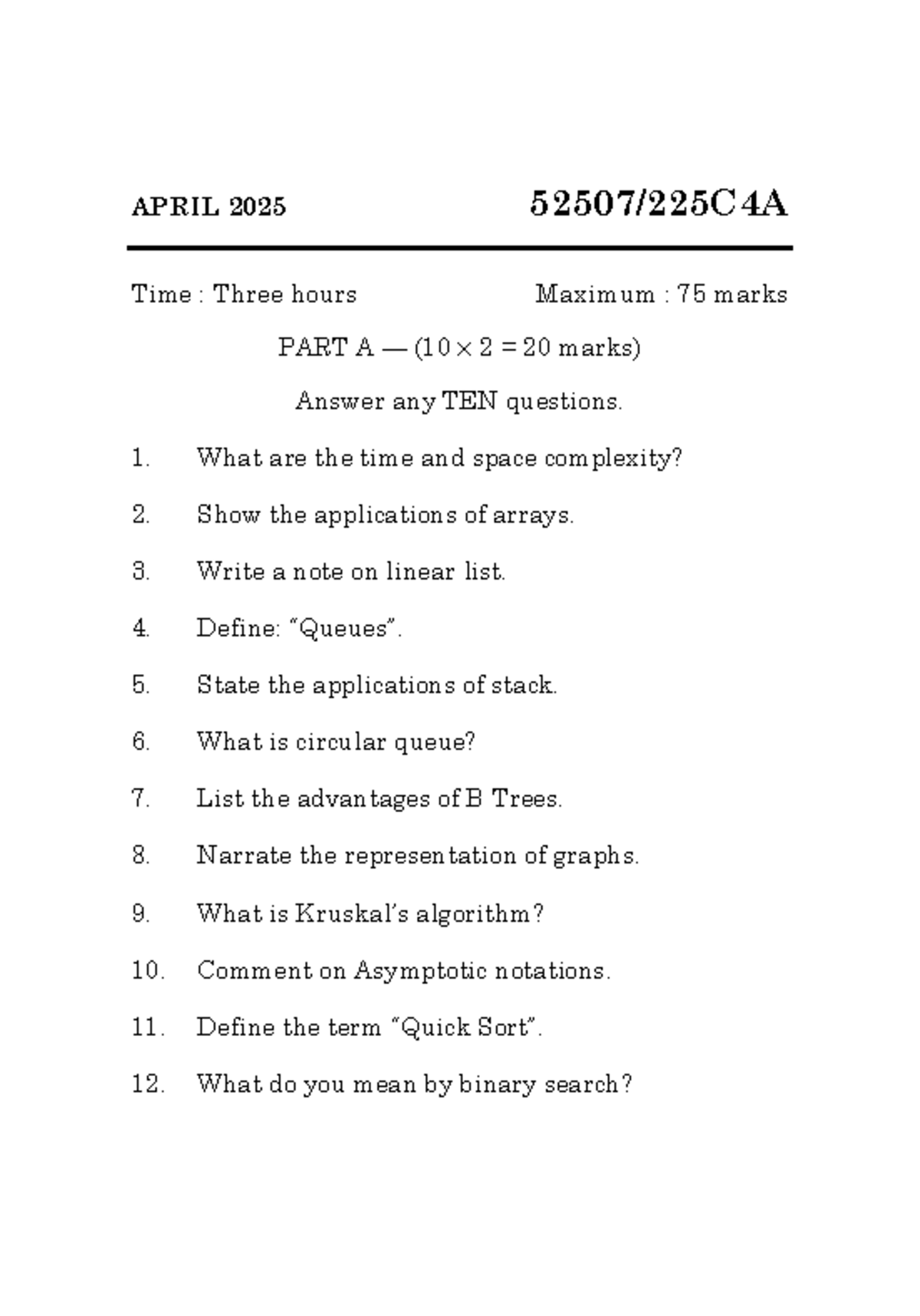 DSA 225C4A Final Exam April 2025: Time Complexity & Data Structures ...