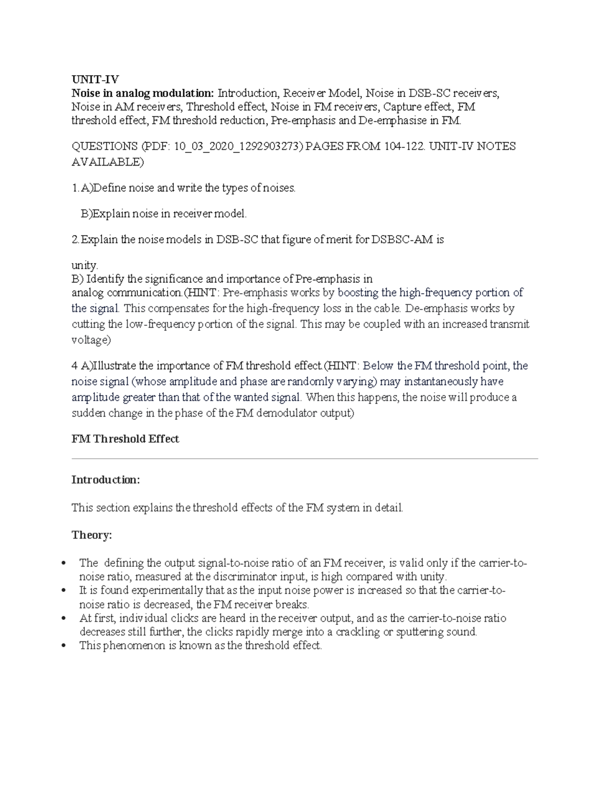 POC-UNIT IV & V IMP Questions - UNIT-IV Noise in analog modulation: Introduction, Receiver Model ...