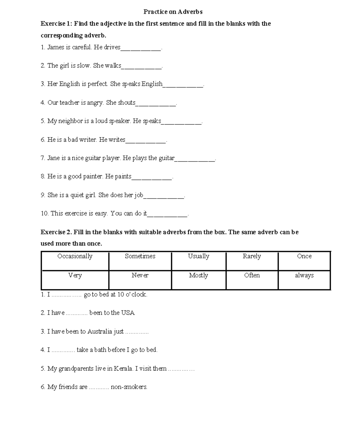 Adverbs Practice Exercise: Fill in the Blanks with Adverbs - Studocu