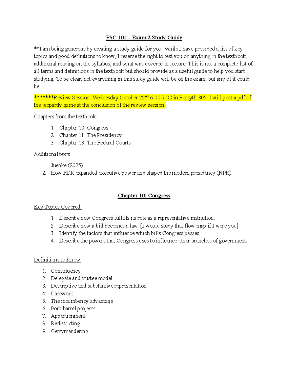 PSC 101 - Exam 2 Study Guide: Key Topics in Congress, Presidency & Courts - Studocu