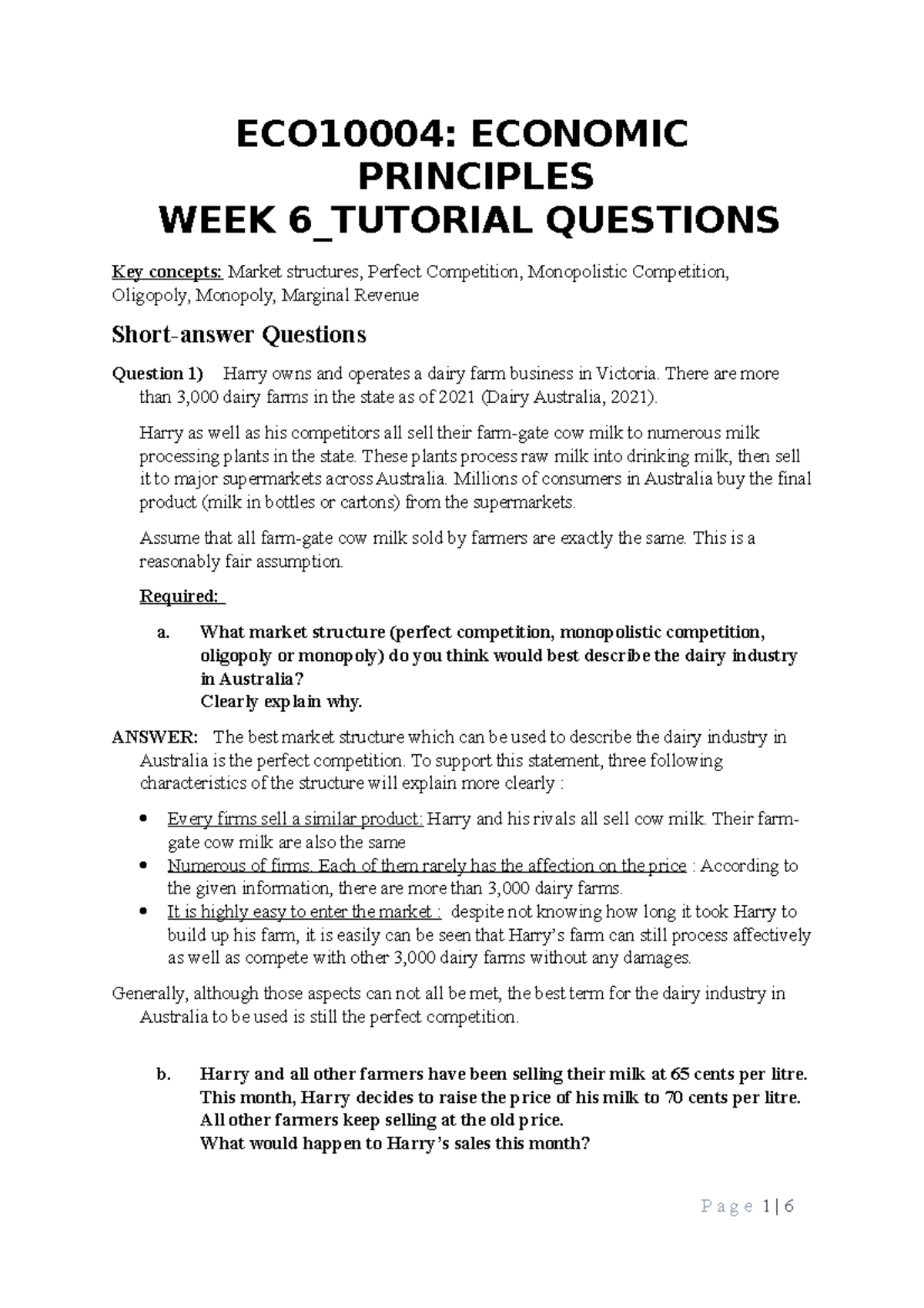 Week 6 Tutorial Questions - ECO10004: ECONOMIC PRINCIPLES WEEK 6 ...
