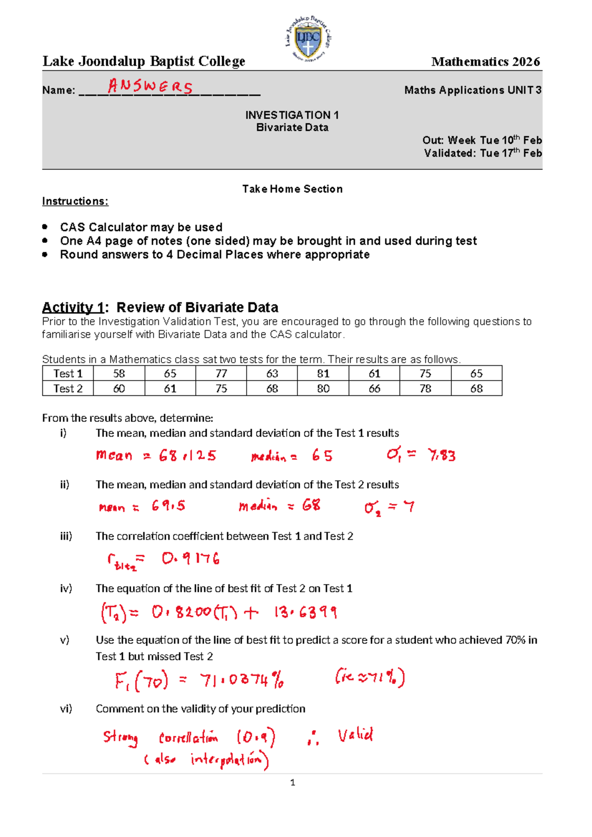 Maths Applications UNIT 3: Bivariate Data Investigation 1 - 2026 - Studocu