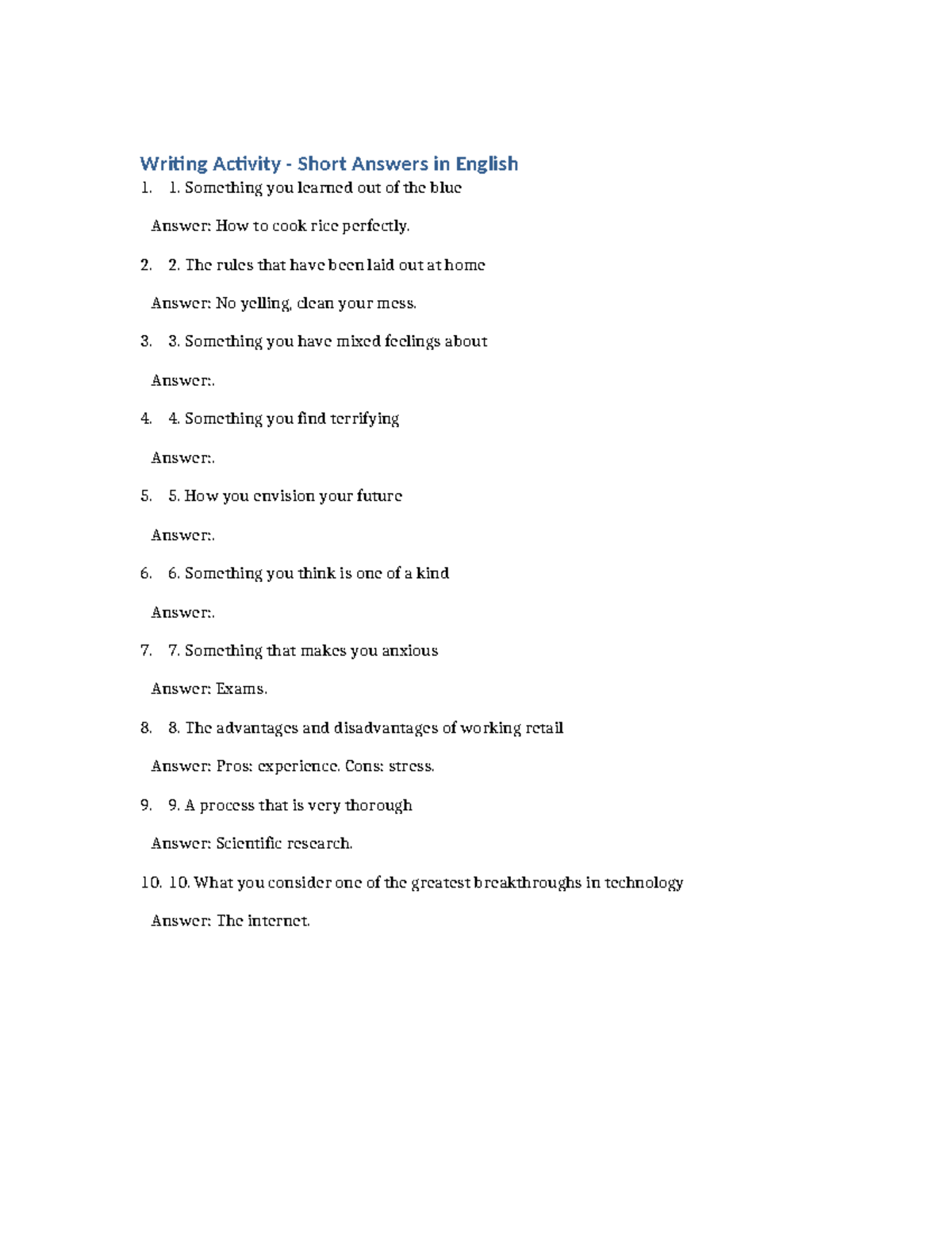 English 1 Writing Activity: Short Answer Responses - Studocu