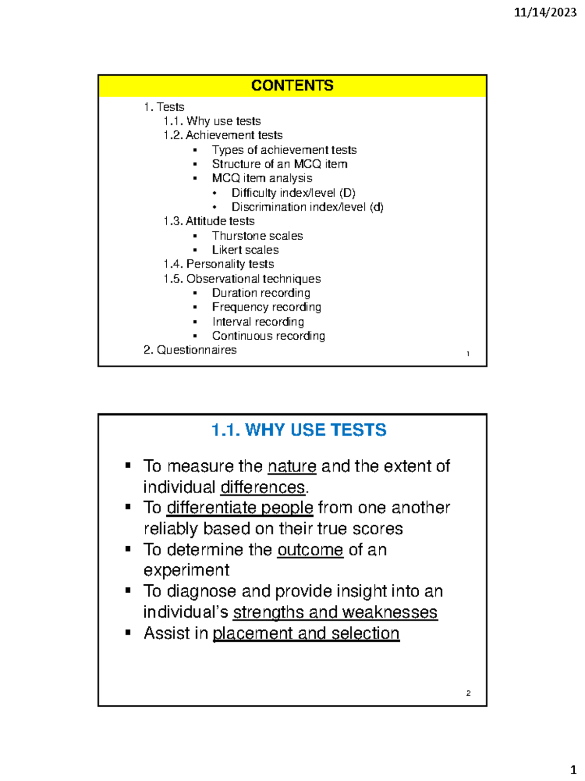 Chapter 6 Methods of measuring behavior - 1 CONTENTS 1. Tests 1. Why ...