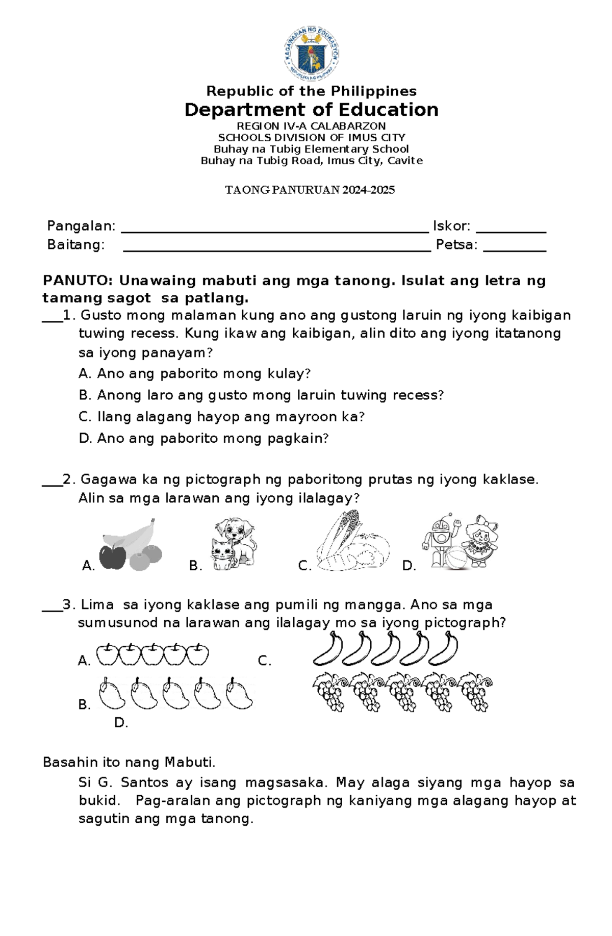Grade 1 3RD PT MATH SY - Periodical Test in Mathematics I - Republic of ...