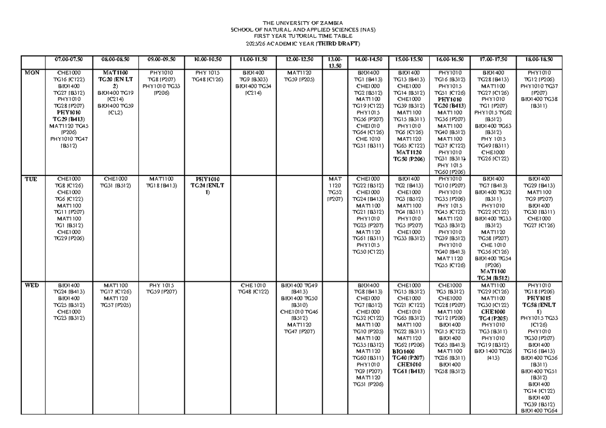 2025-26 NAS First Year Tutorial Timetable (3rd Draft) - Studocu