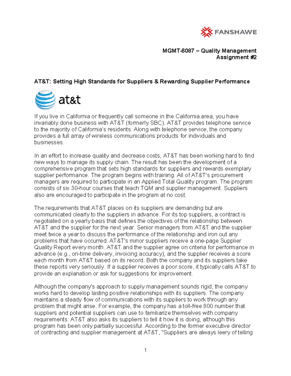 Assignment 2 - Quality Management At & T - MGMT-6087 – Quality ...