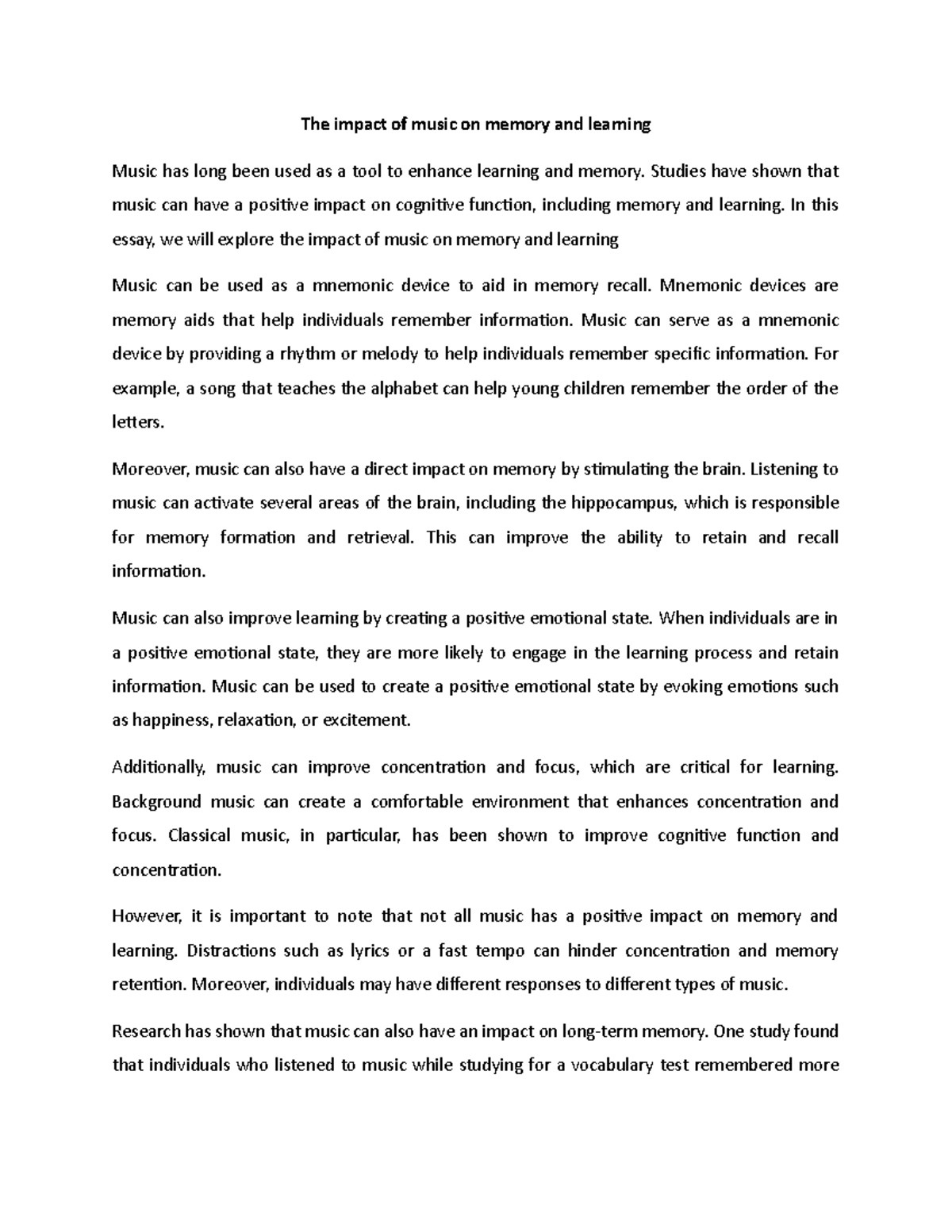 Music Theory IV: The Role of Music in Enhancing Memory & Learning - Studocu