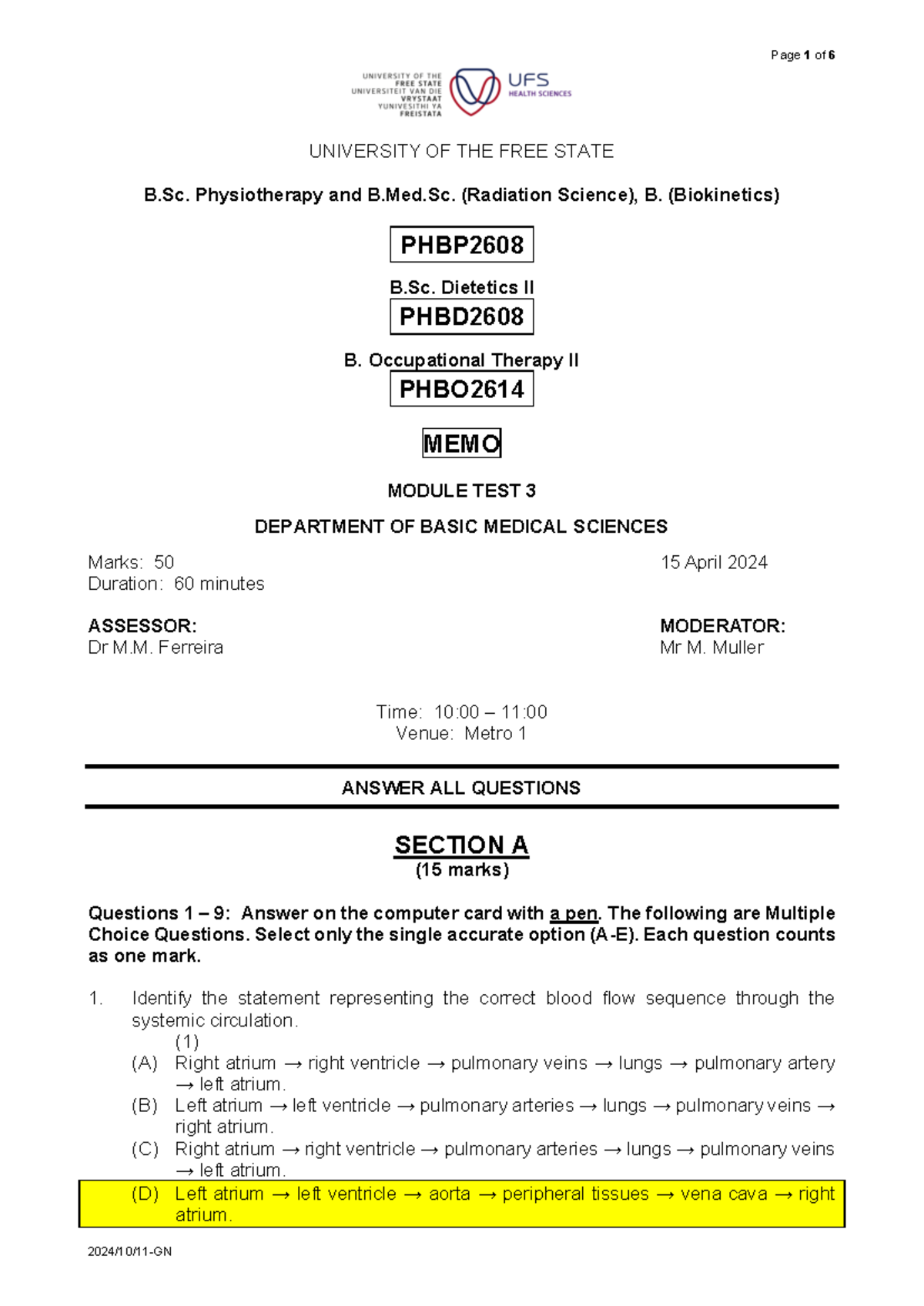 Mod Test 3 2024 PHBO2614: Physiology & Blood Flow Concepts - Studocu