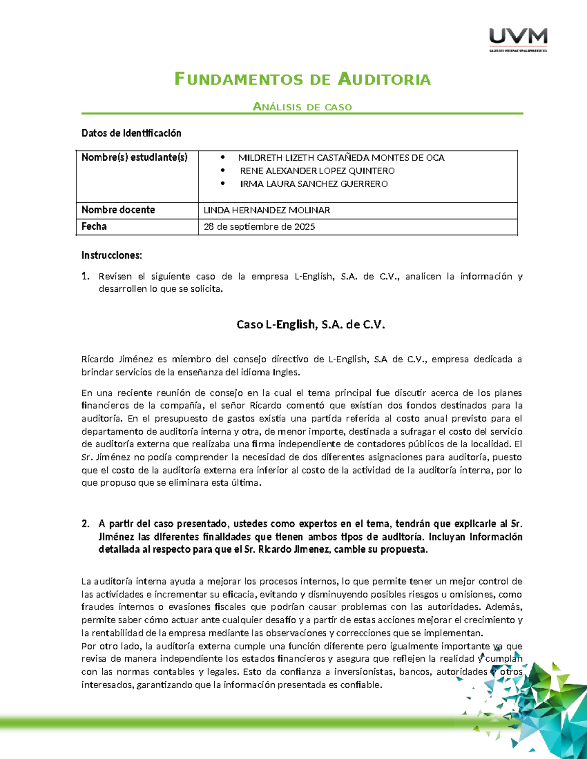 Análisis De Caso Auditoría Interna Y Externa Fundamentos De
