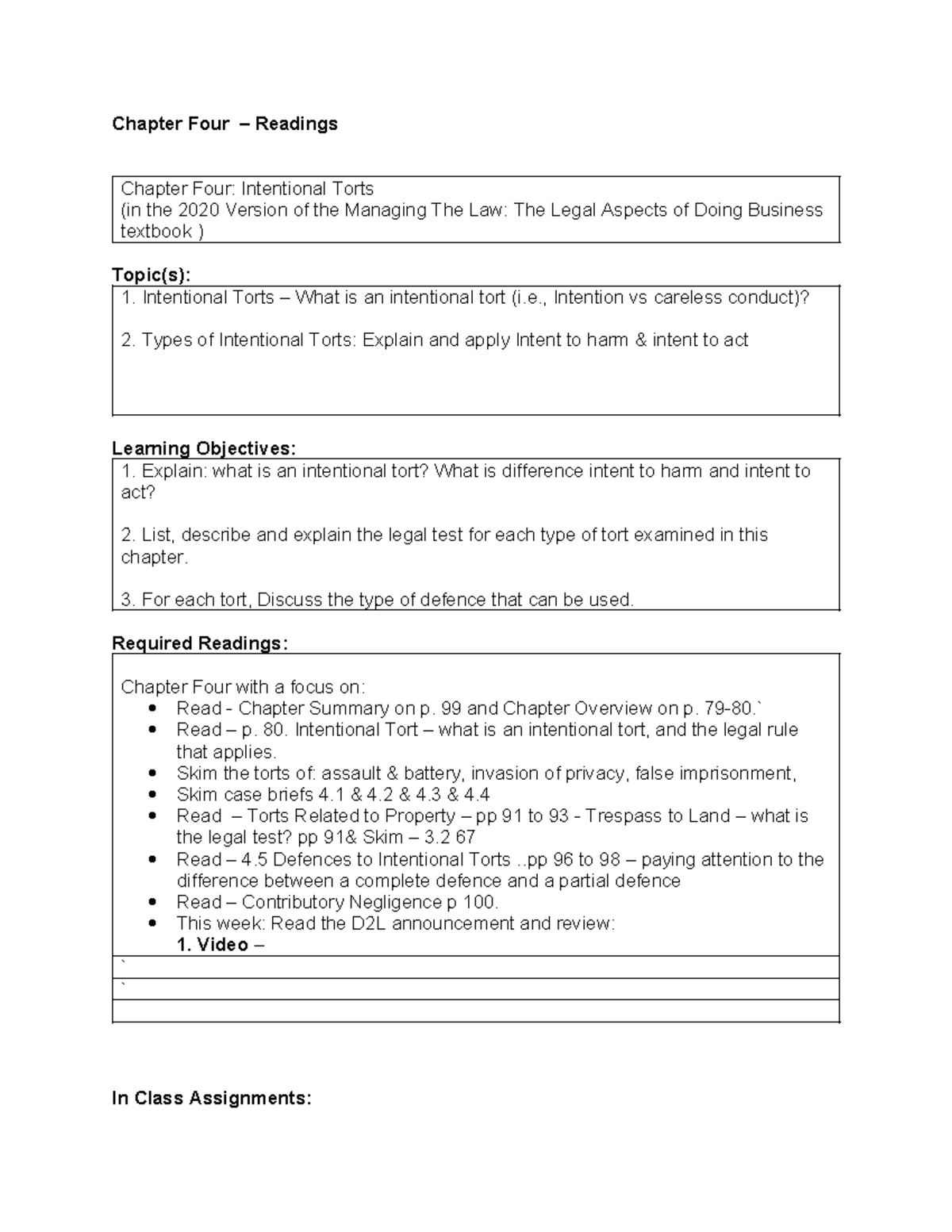 Law 122: Chapter Four Lesson Plan on Intentional Torts - Studocu