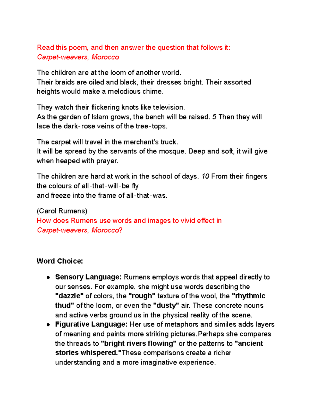 Analysis of Carol Rumens' Poem: "Morocco" - A Study Guide - Studocu