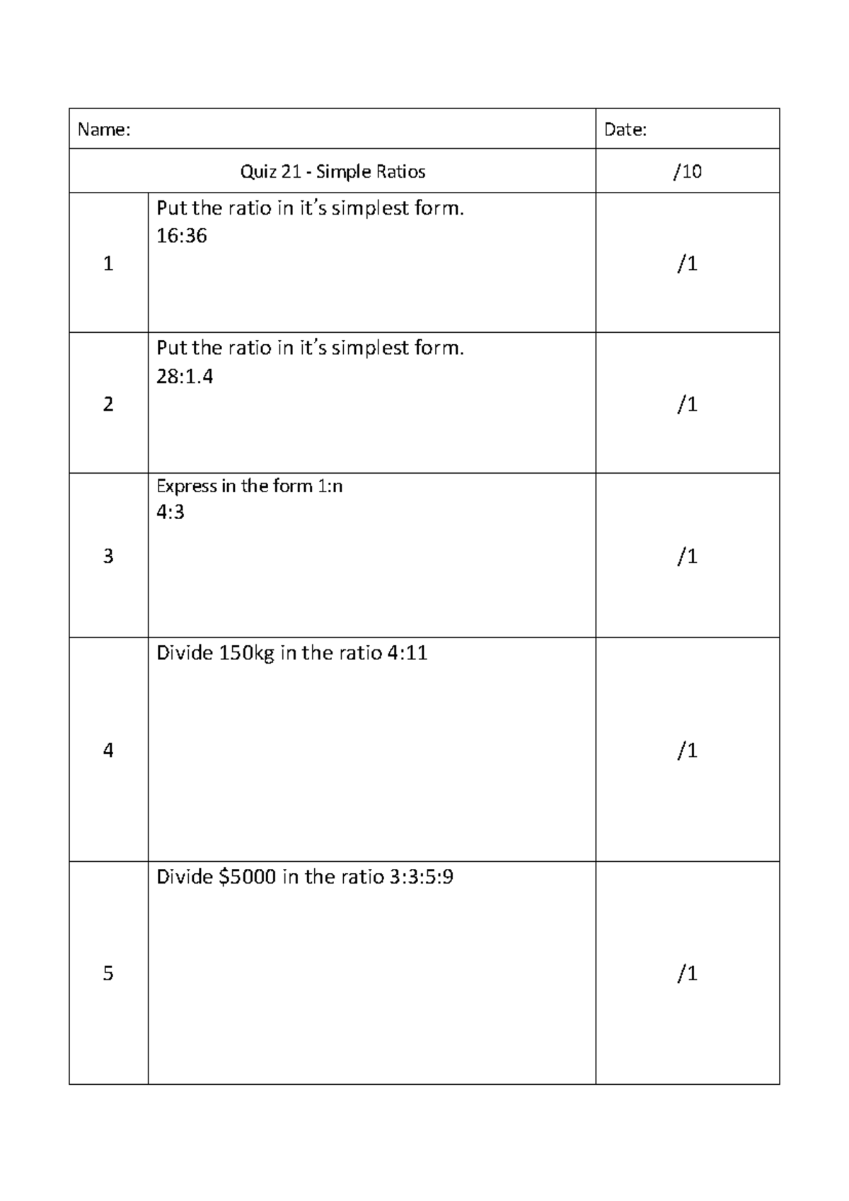 Quiz 21: Simplifying Ratios and Proportions - Studocu