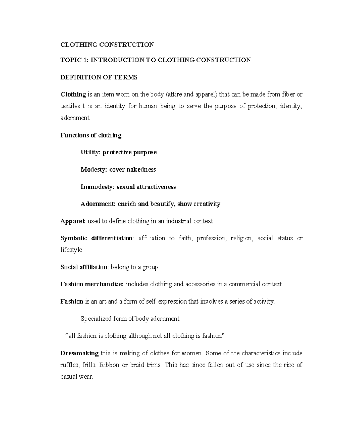 Clothing Construction Notes for Course 1726727665000: Overview & Safety ...