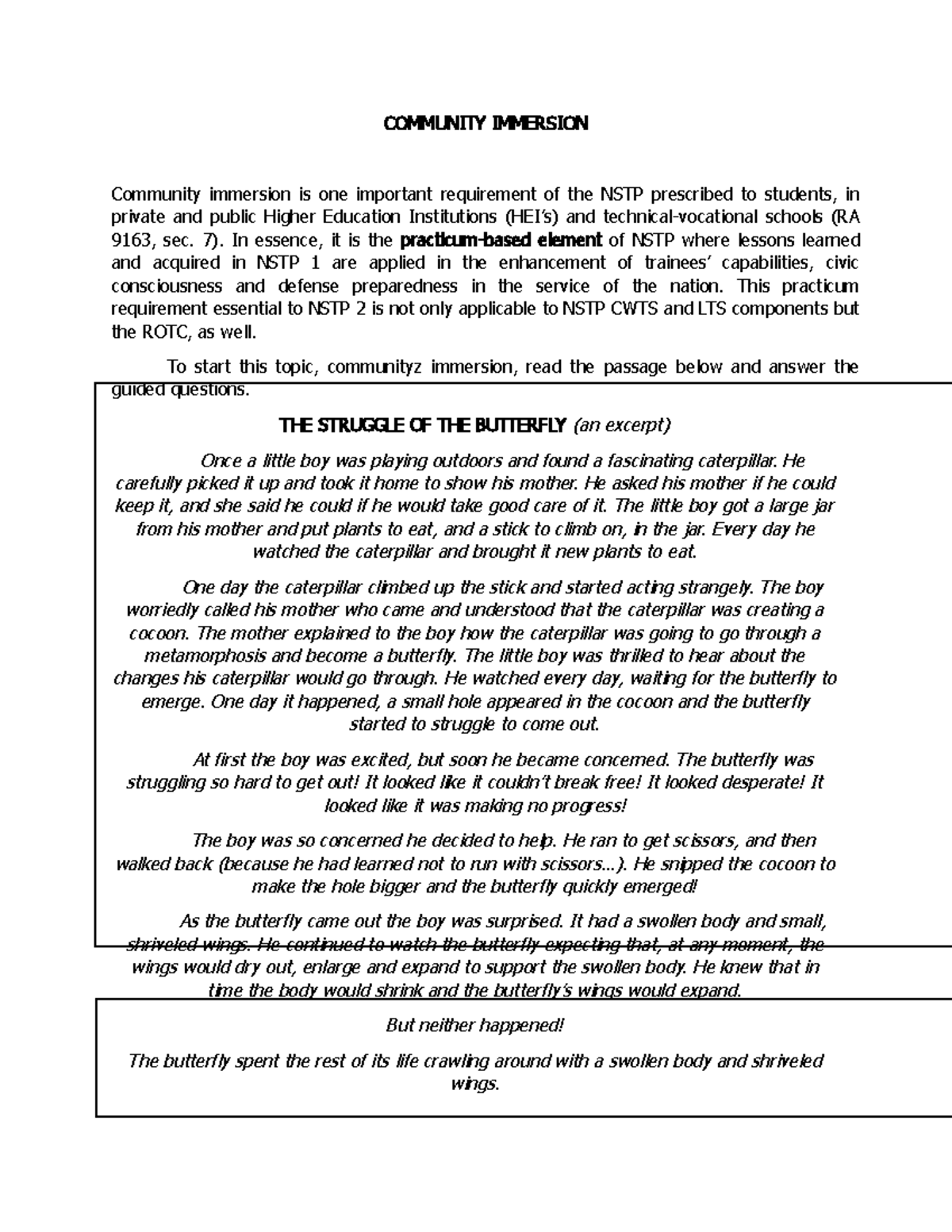 Community Immersion - COMMUNITY IMMERSION Community immersion is one ...