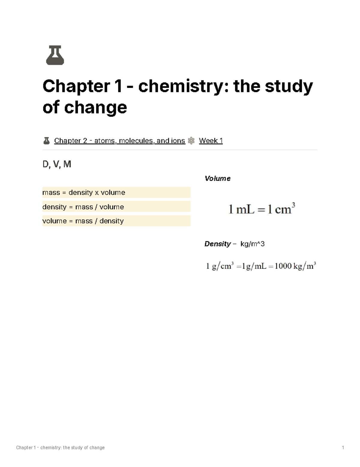 Chemistry 101: Chapter 1 - The Study of Change and Density Concepts - Studocu