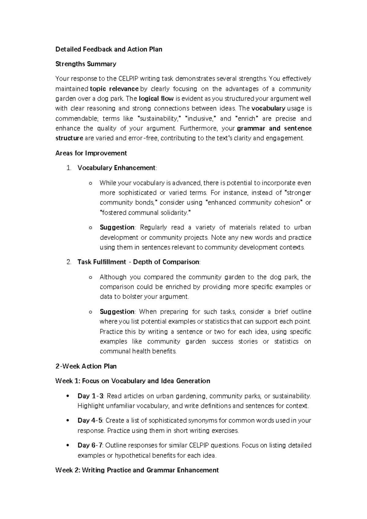 CELPIP Writing Task Feedback & Action Plan Summary - Studocu