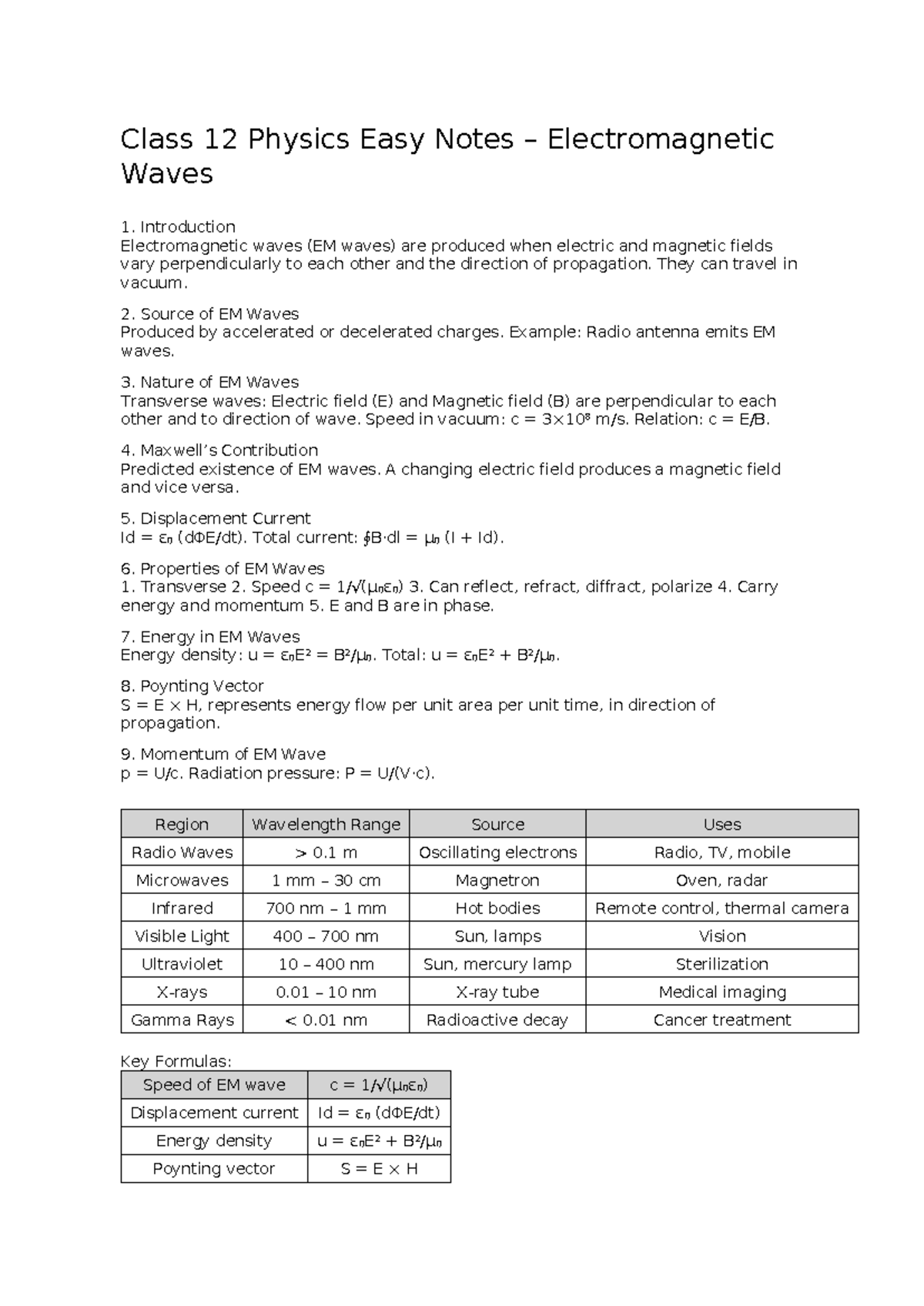 Class 12 Physics Final Exam Notes: Electromagnetic Waves Overview - Studocu