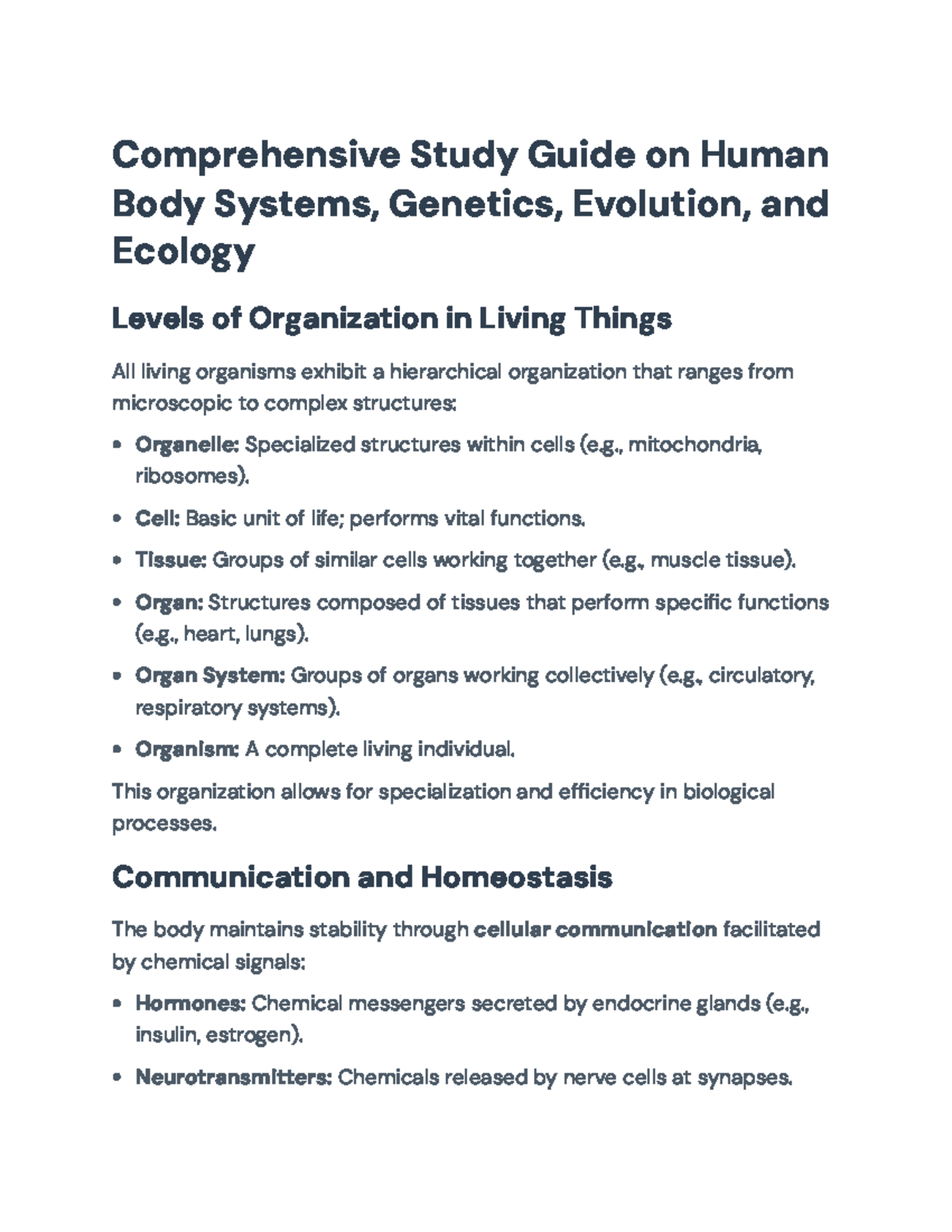Comprehensive Study Guide: Human Body Systems, Genetics, and Evolution ...