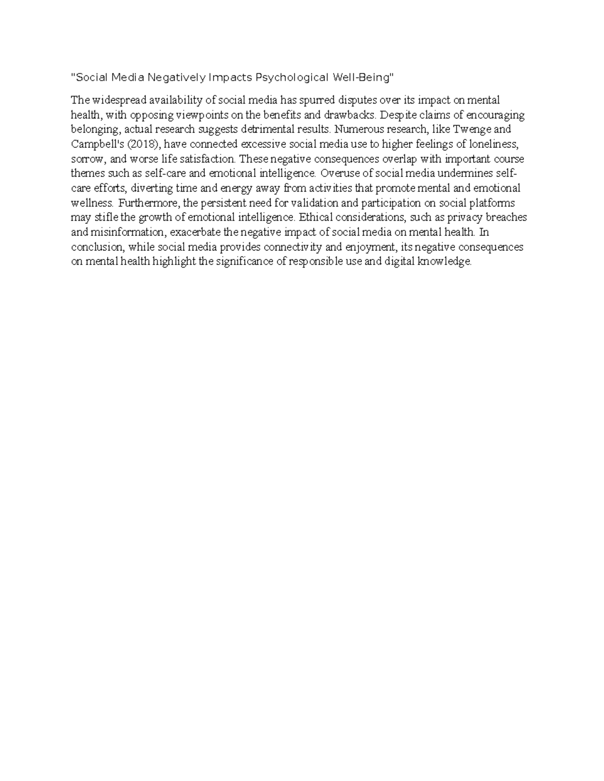 Discussion 6-1 - "Social Media Negatively Impacts Psychological Well ...