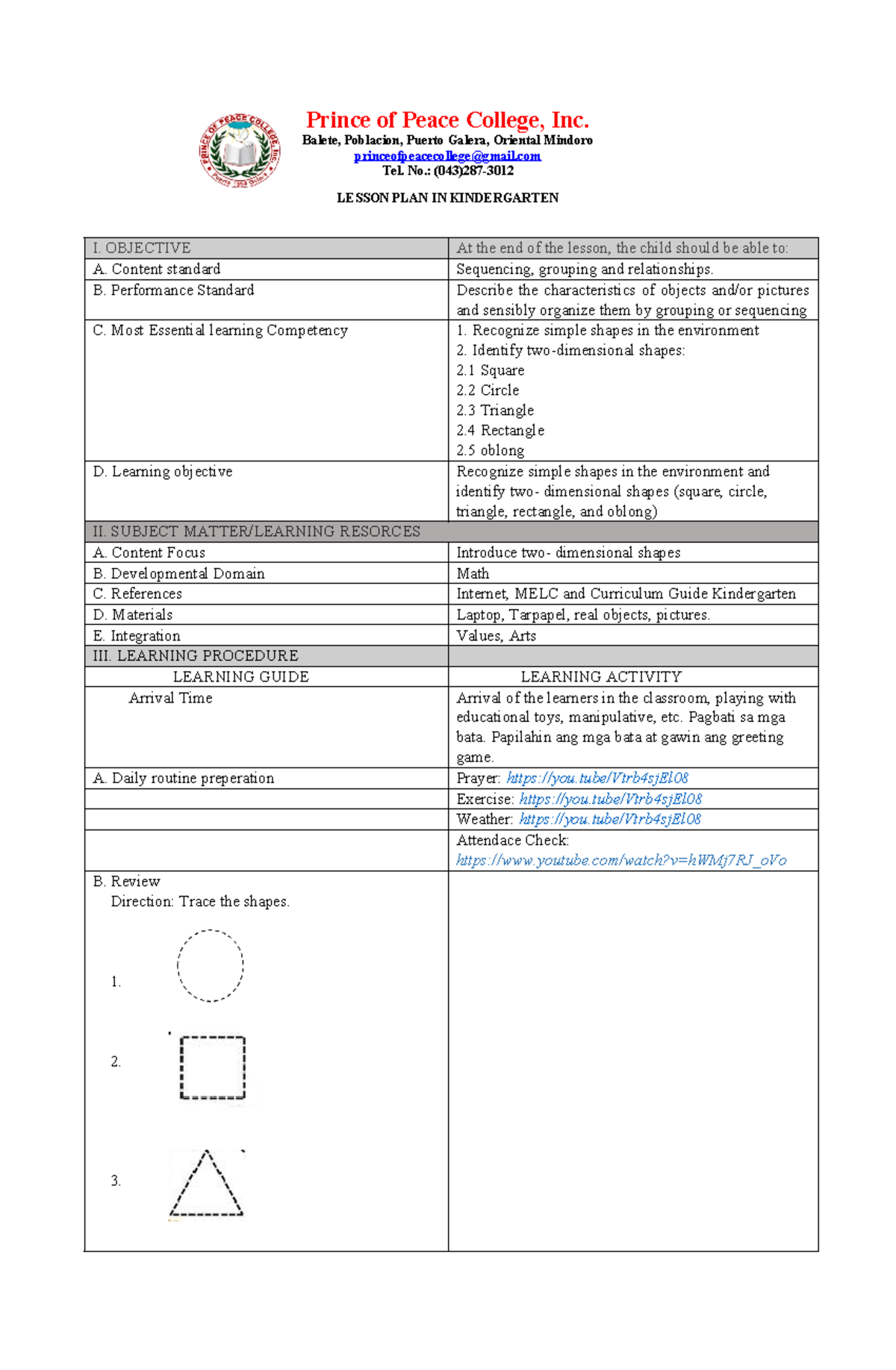 Lesson Plan for Kindergarten: Understanding 2D Shapes (Doc 13) - Studocu