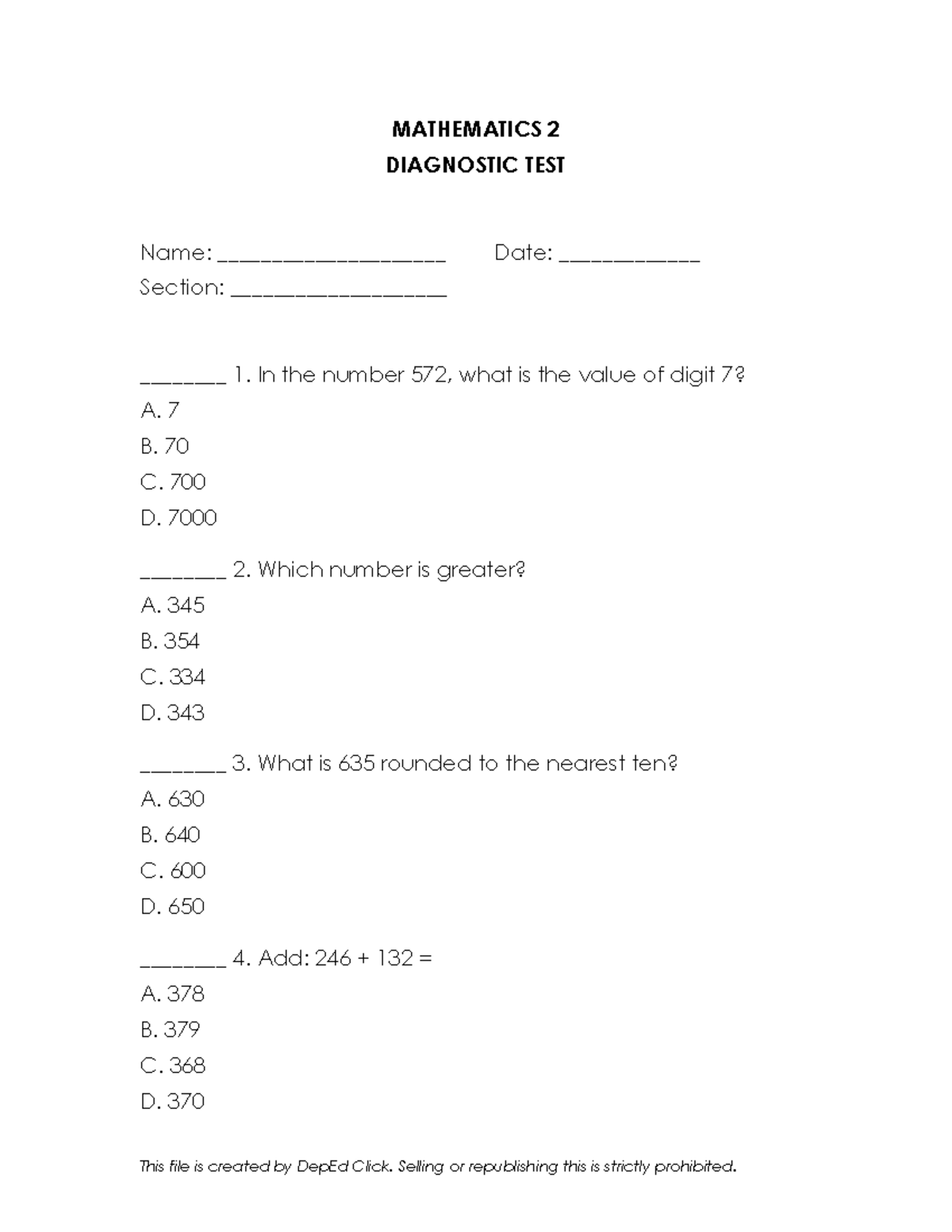 Grade 2 MATH Diagnostic TEST - Assessment Questions and Answers - Studocu