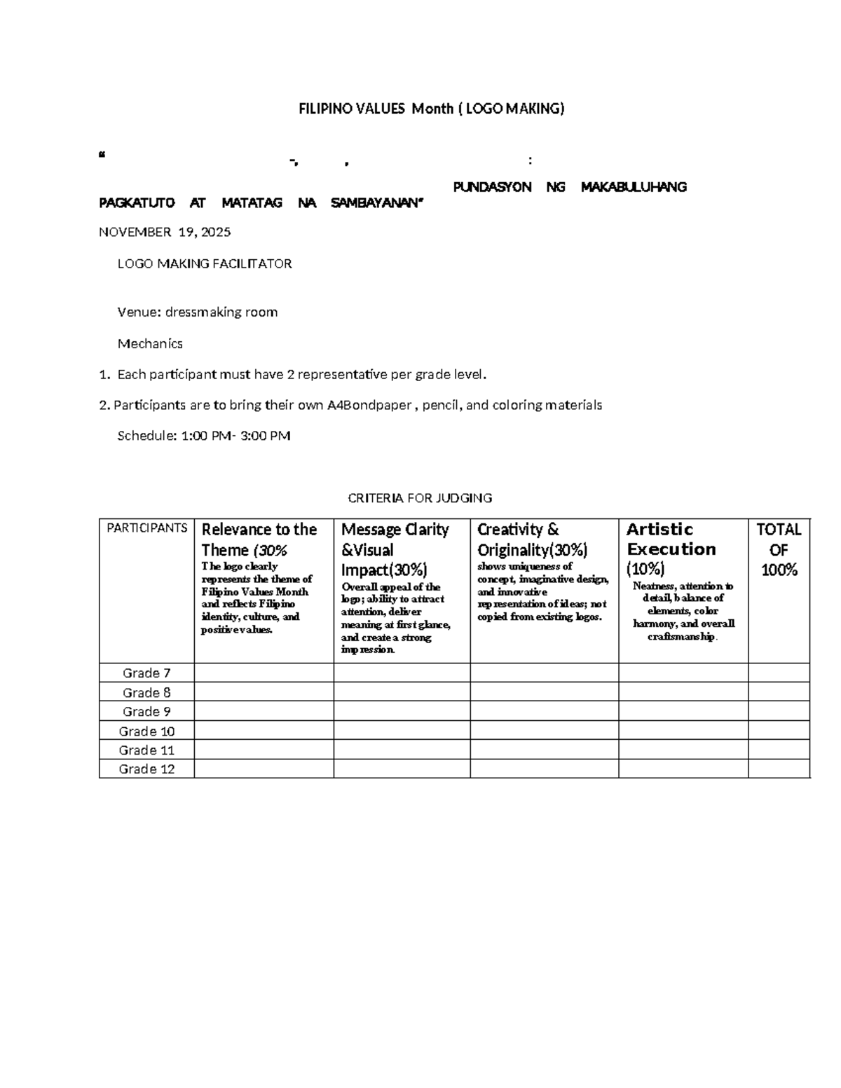 FILIPINO VALUES Month Logo Making Rubrics (2025) - Studocu