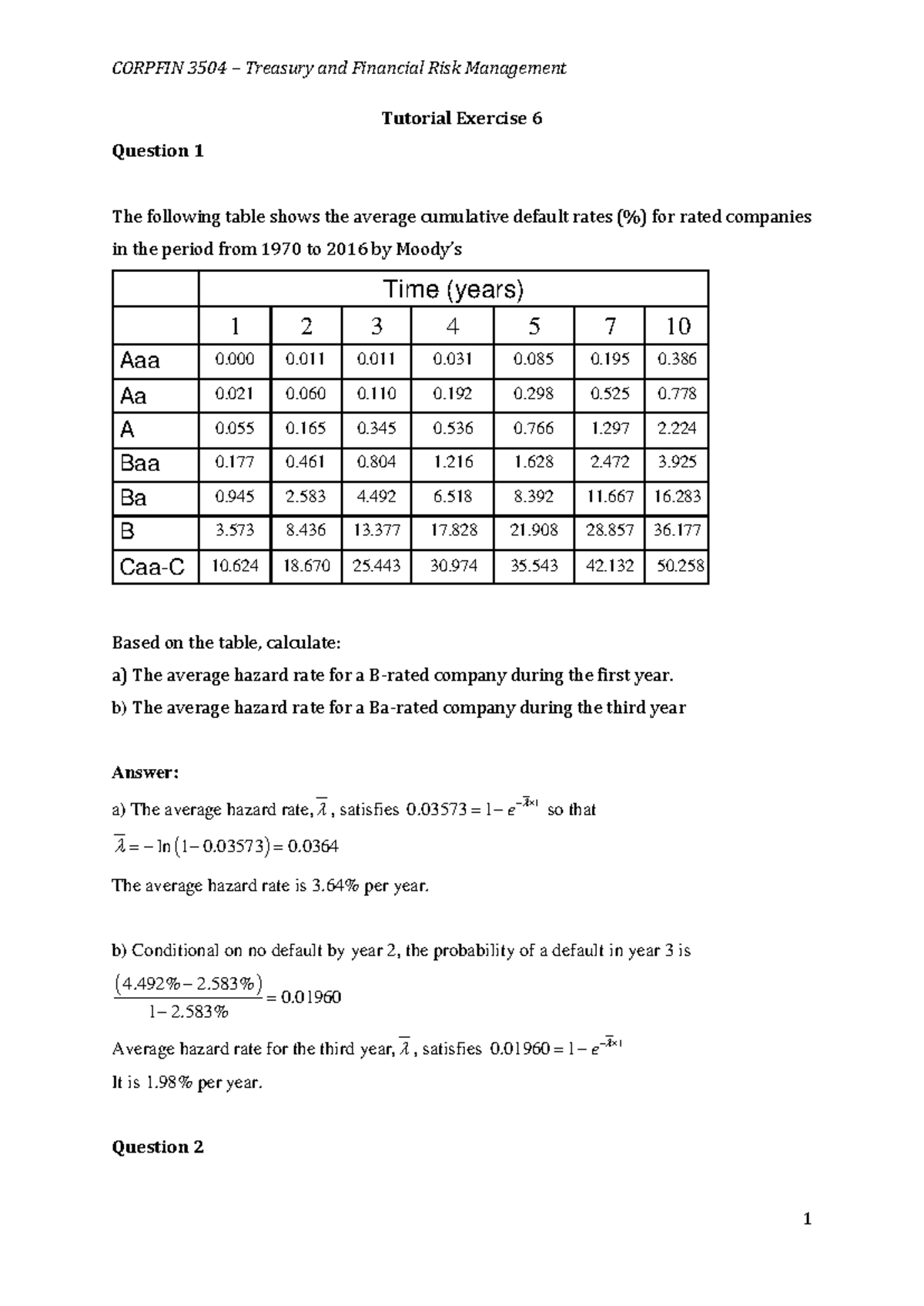Tutorial Exercise 6 - Key Solutions for CORPFIN 3504 - Studocu