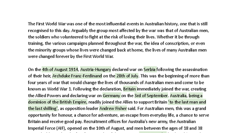 Year 9 History: The Impact of WW1 on Australian Men - Studocu