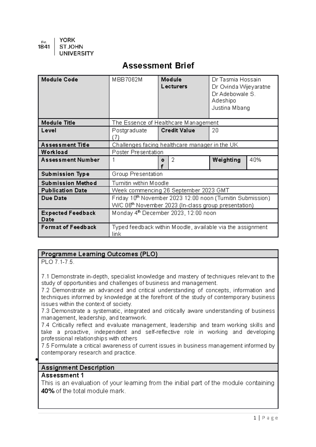 Assessment One Brief 20232024 - Assessment Brief Module Code MBB7062M ...