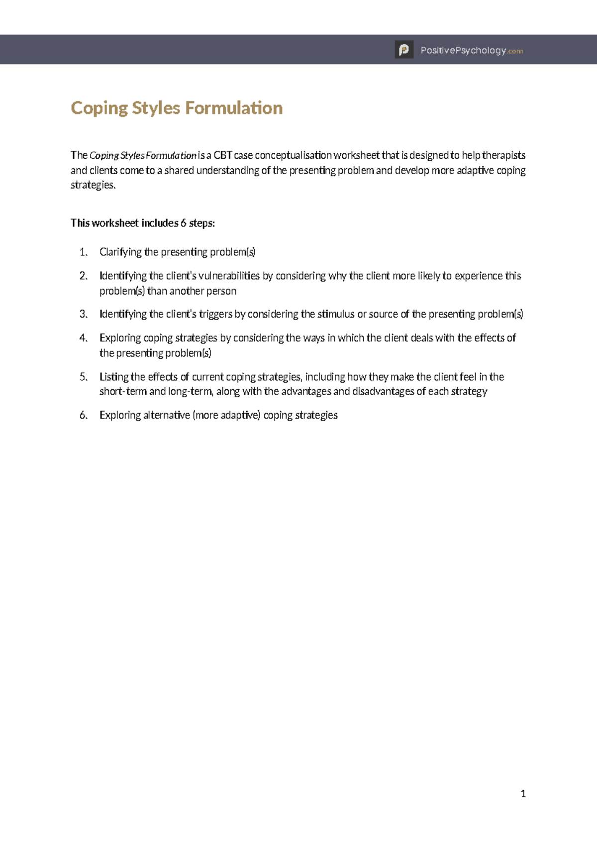 Coping Styles Formulation: A CBT Worksheet for Therapists - Studocu