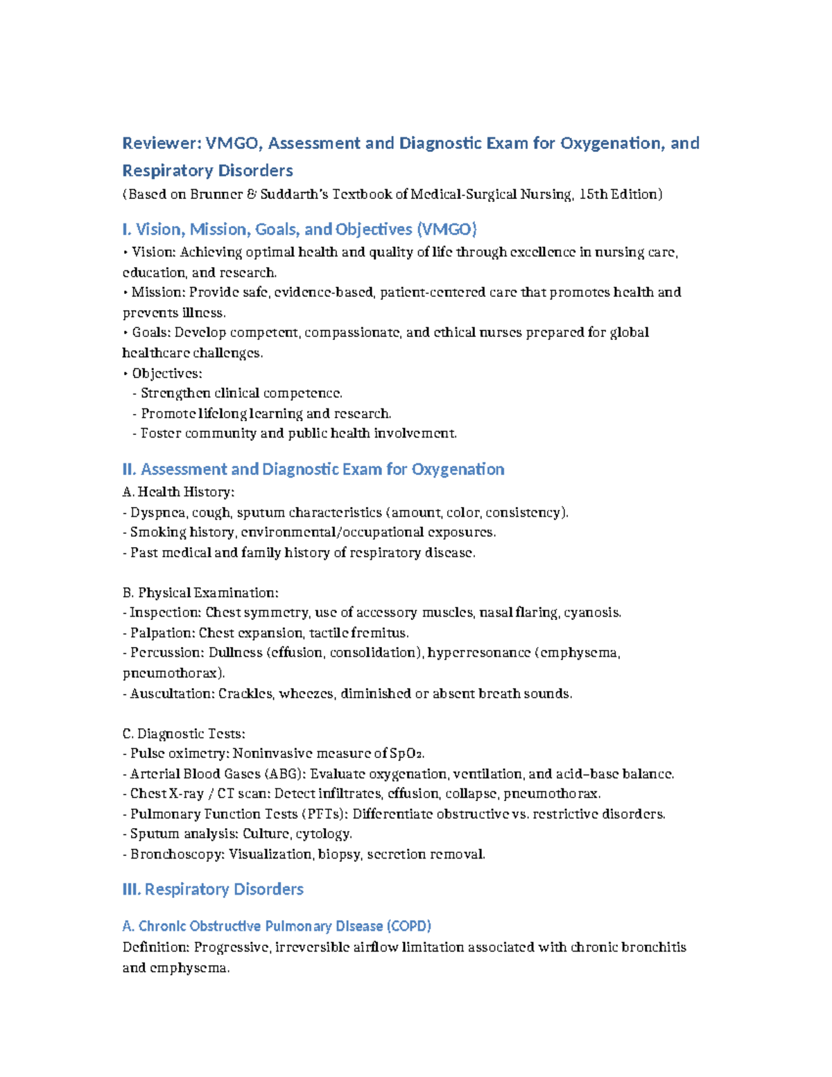 Reviewer: VMGO for Oxygenation & Respiratory Disorders (Brunner 15th Ed ...