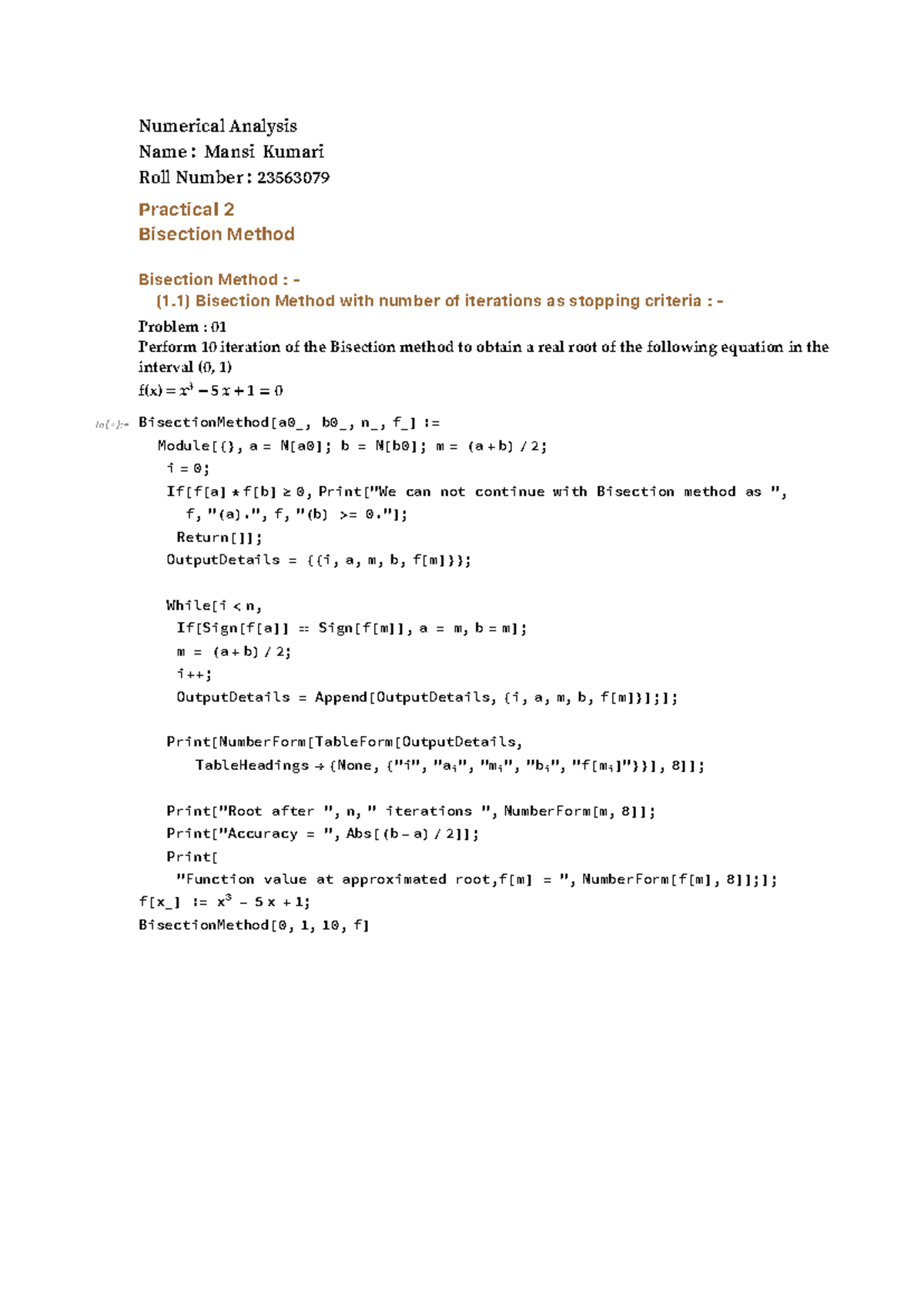 Numerical Analysis (23563079) - Practical 2: Bisection Method Solutions ...
