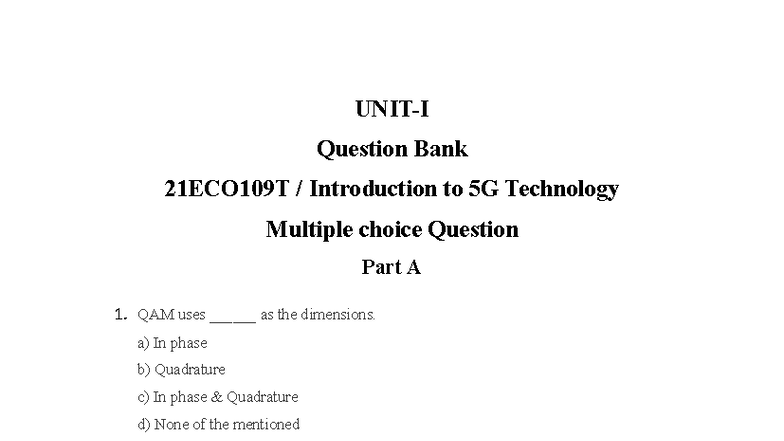 Question Bank 21ECO109T: Introduction to 5G Technology MCQs and Answers ...