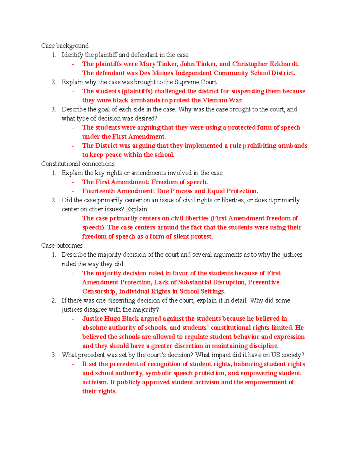 Tinker v Des Moines: Case Study on Student Free Speech Rights - Studocu