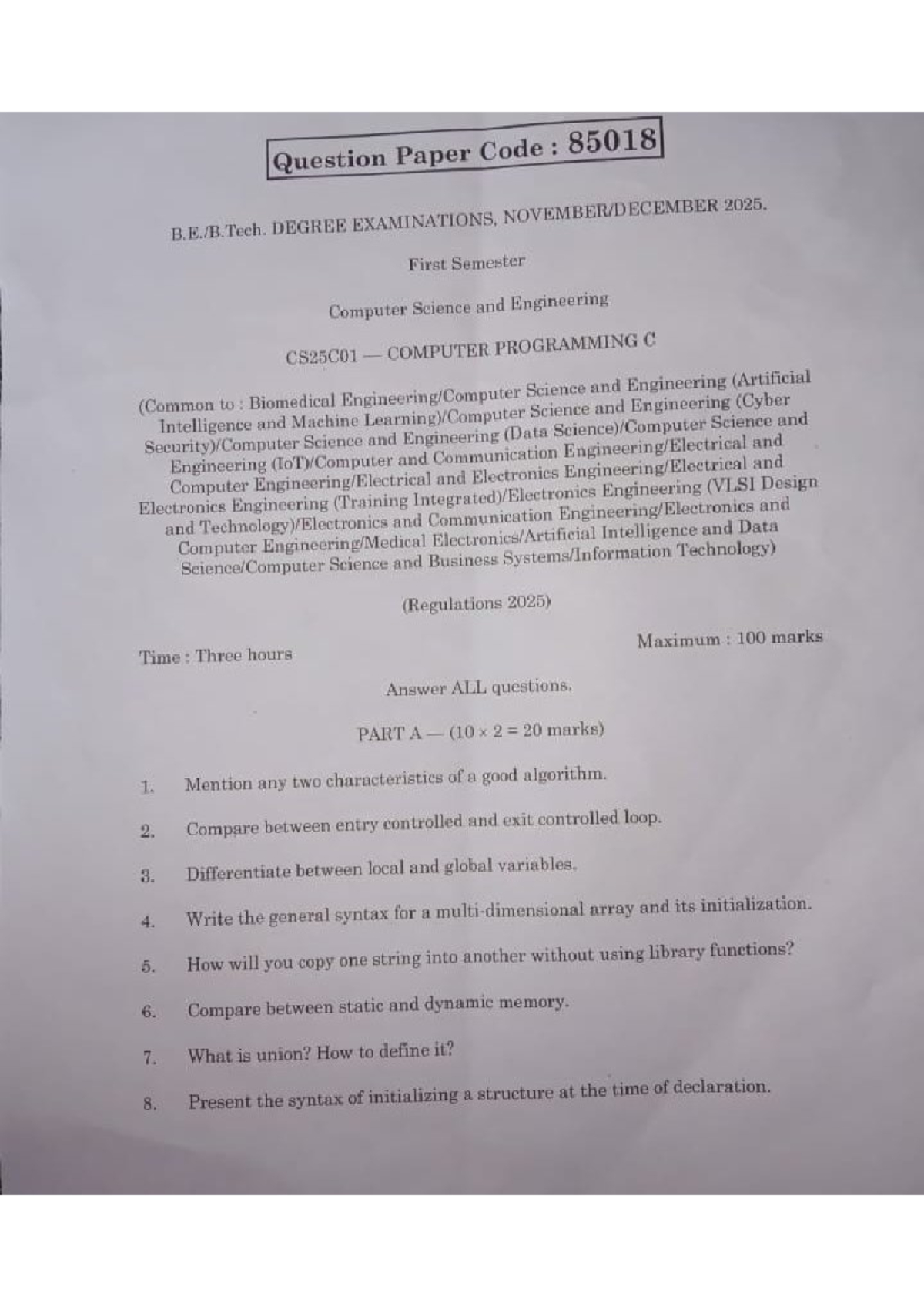 CS25C01 Computer Programming C Nov-Dec 2025 Question Paper - Studocu