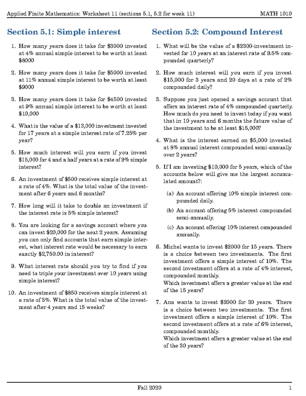 W11-Math1010 - Applied Finite Mathematics: Worksheet 11 (sections 5.1 ...