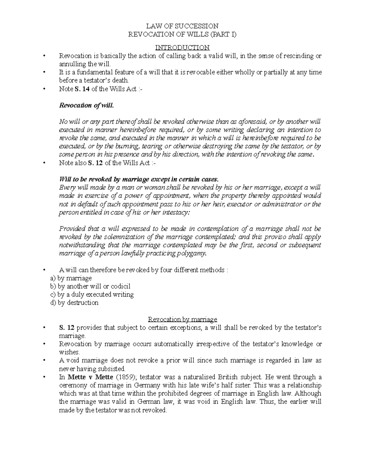 Revocation 1 - REVOCATION OF WILLS (PART I) INTRODUCTION Revocation is ...