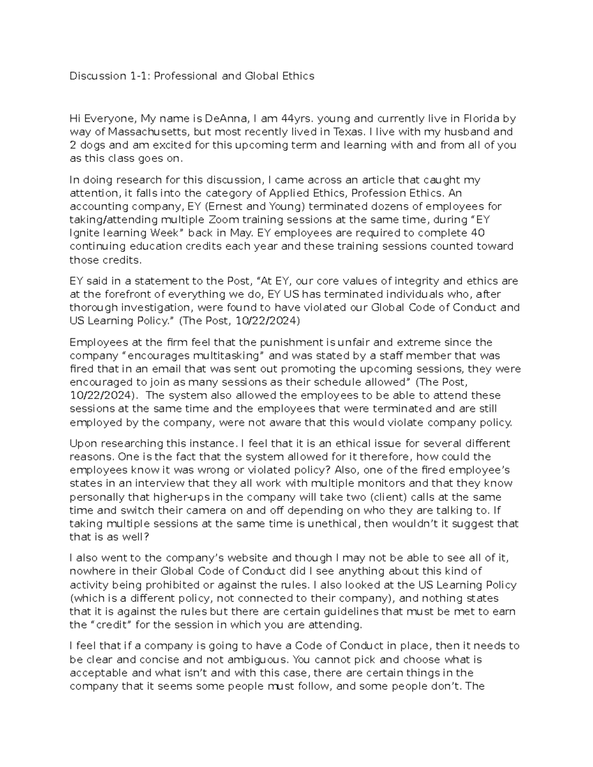 Discussion 1-1: Examining Global and Professional Ethics Issues - Studocu