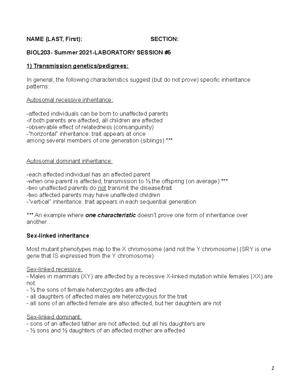 Exercise 5 - Bio 203 material - NAME (LAST, First): SECTION: BIOL203 ...